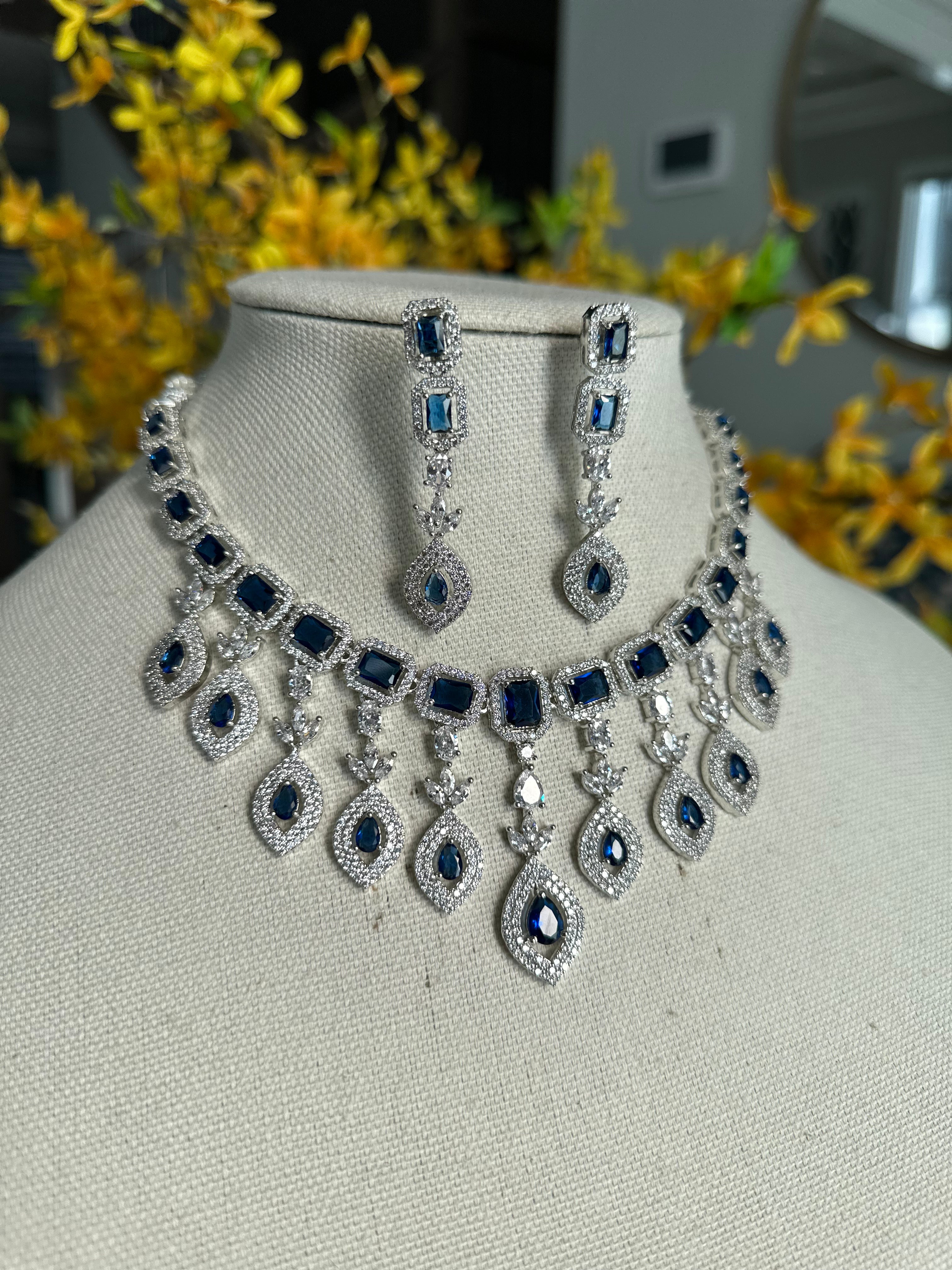 Navy Blue American Diamond Necklace Set – Tazori Collection