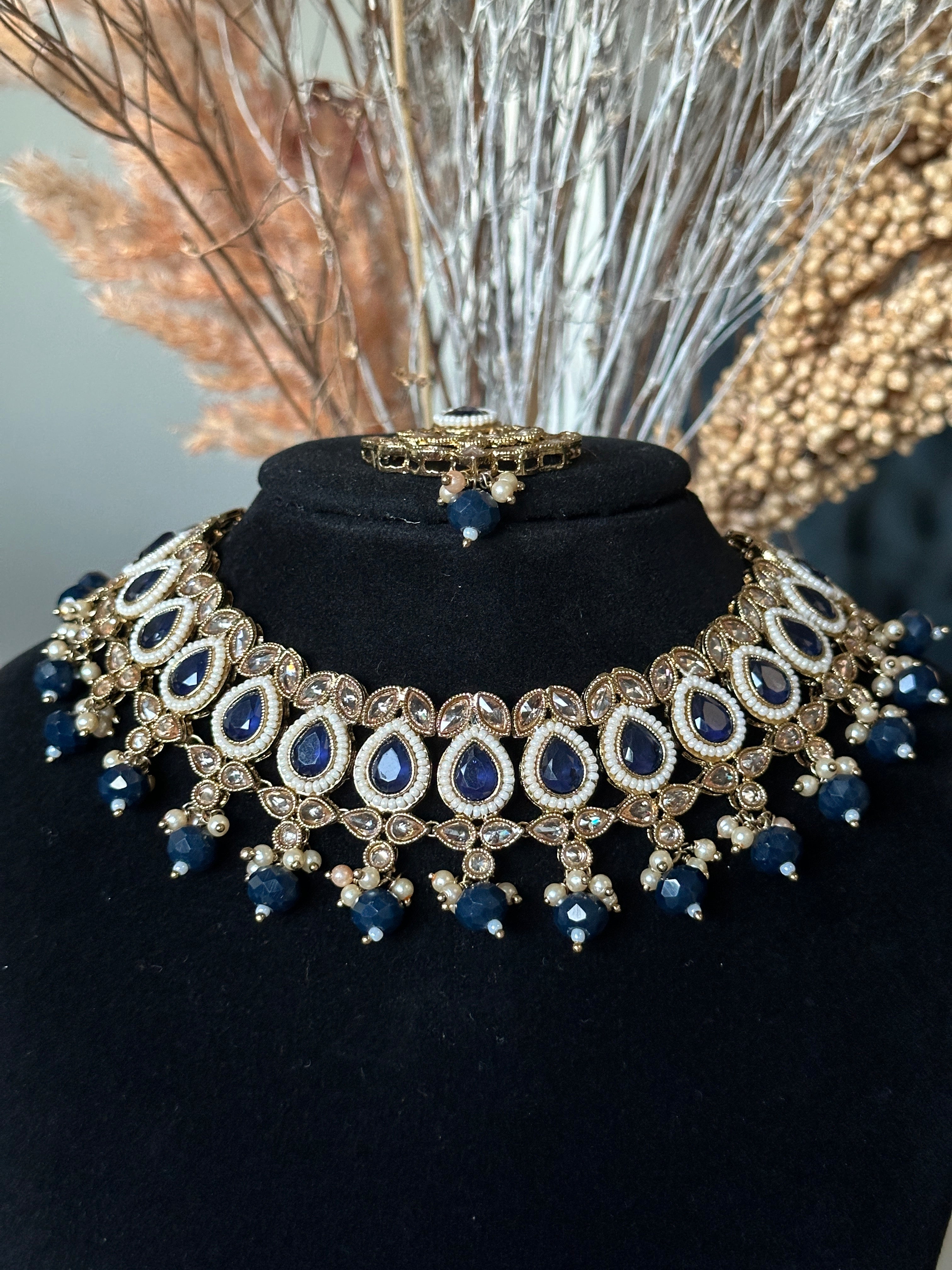 Navy Blue Gold Polki Necklace Set – Tazori Collection
