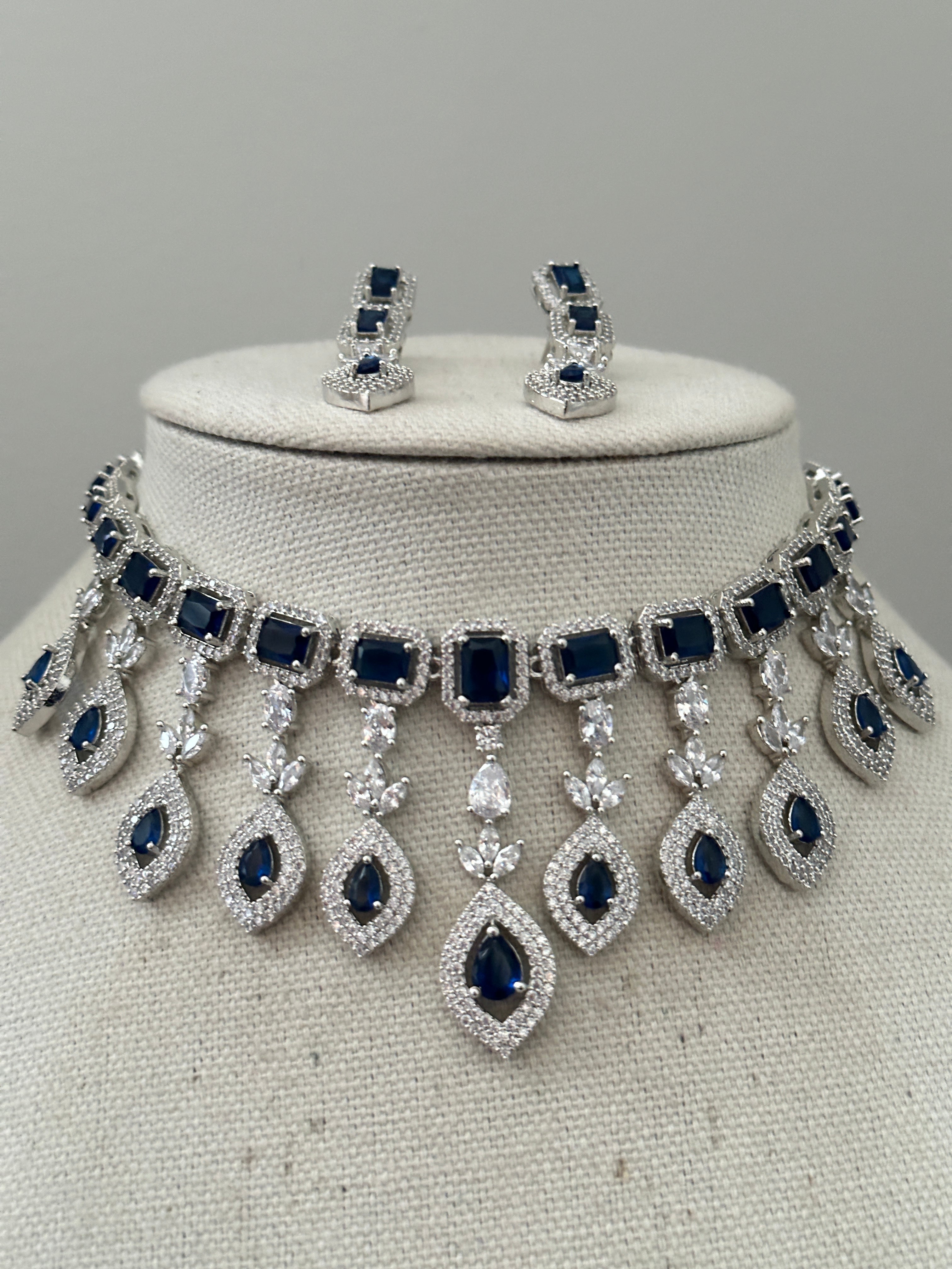 Navy Blue American Diamond Necklace Set – Tazori Collection