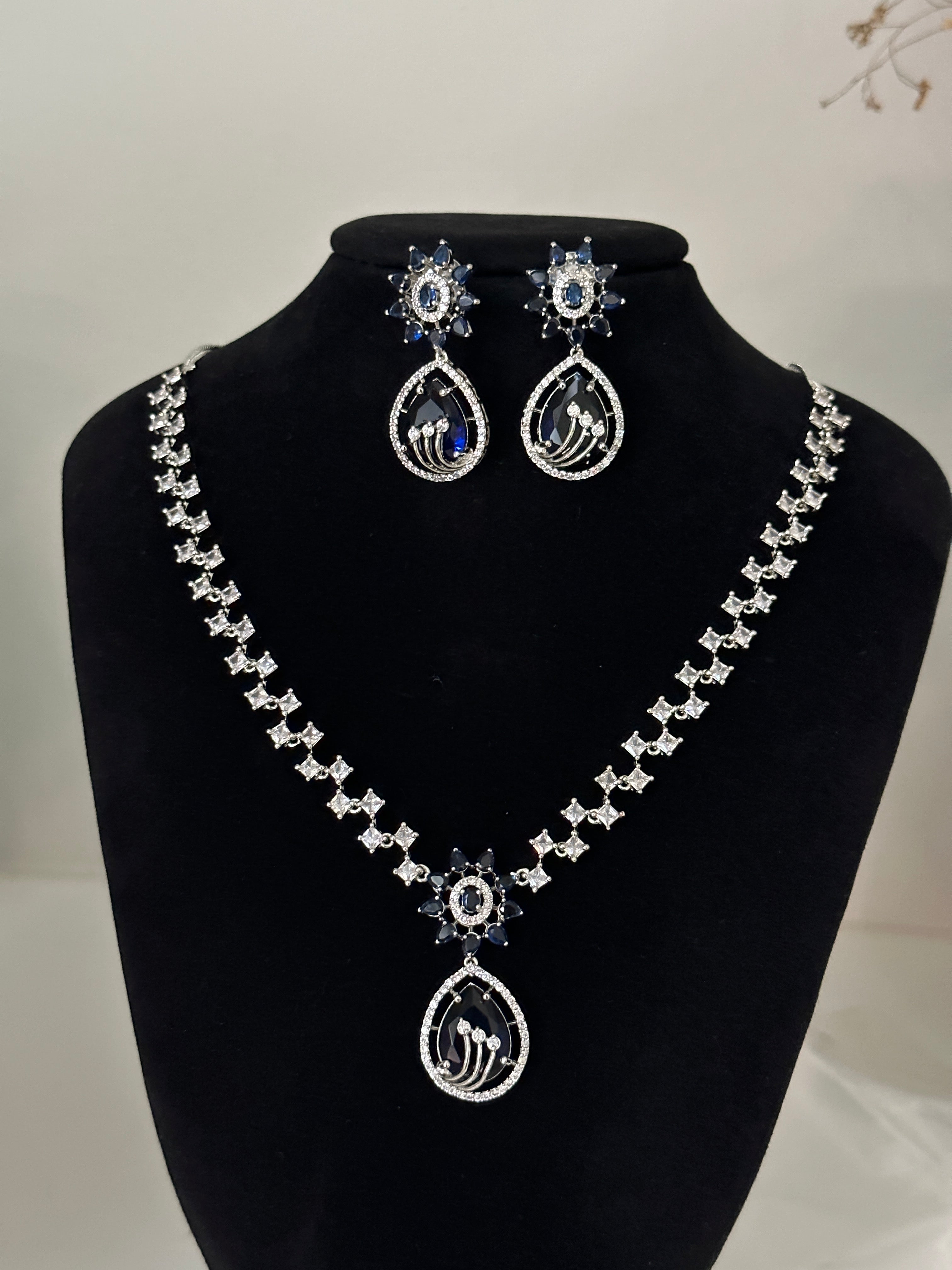 Navy Blue American Diamond Necklace Set – Tazori Collection